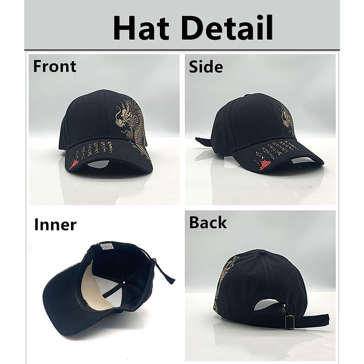 ZRSYH Baseball Cap Chinese Dragon Hat Embroidered Hats Stylish Hip Hop Hats Adjustable Baseball Cap Retro Chinese Style Baseball Cap,Black