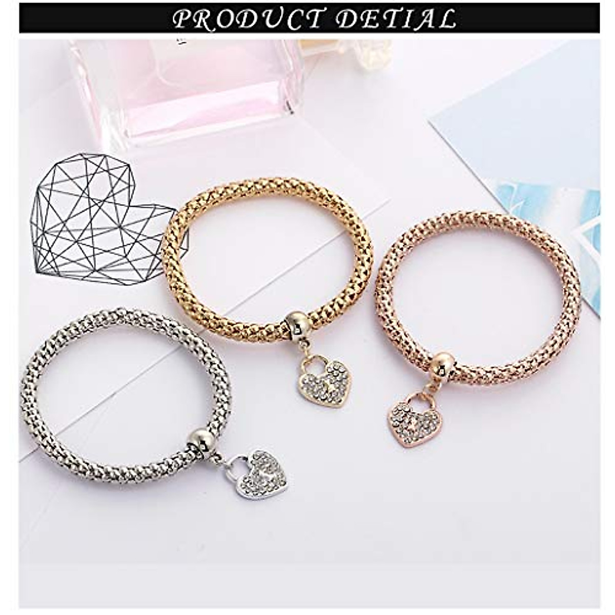 BELLA-Bee 3PCS/SET Multilayer Butterfly Heart Elephant Charms Chain Bracelet Crystal Stretch Bracelet for Women jewelry (3PC/SET Heart)