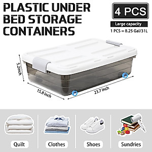 Beeveer 4 Pcs Plastic Under Bed Storage Containers with Lid Wheel Handle, Transparent Large Capacity Stackable Latching Storage Bins for Closet Bedroom Clothes Shoes (Brown,23.7 x 15.8 x 5.2)