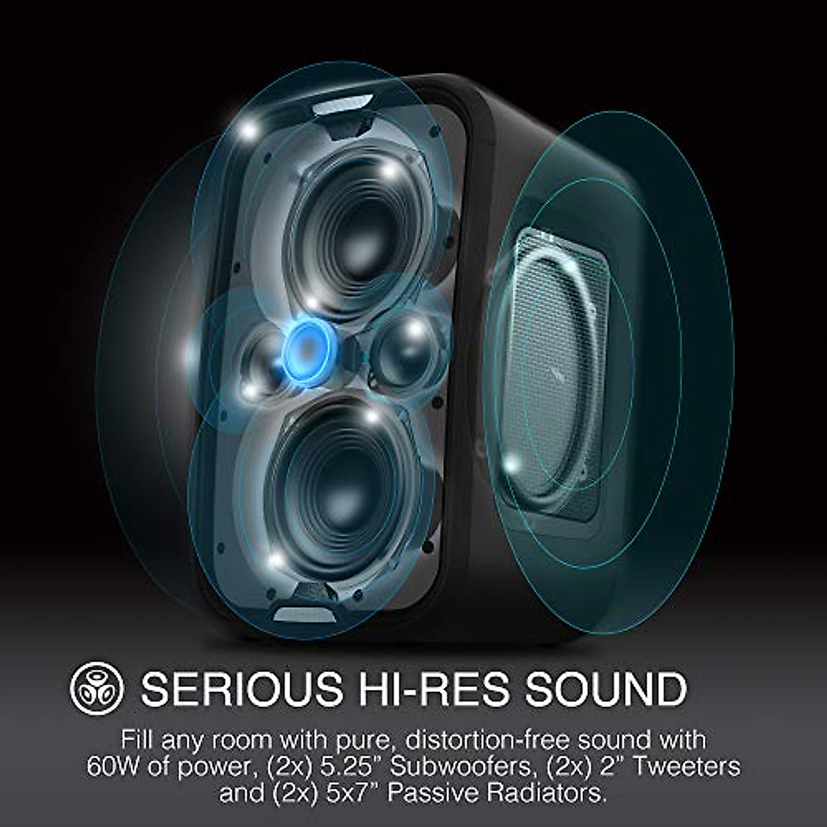 Brookstone Big Blue Go 60 Watt Wireless Indoor Outdoor Portable Speaker, Built in Qi Charging Pad, LED Light Show, Bluetooth 5.0, IPX5 Water Resistant, Tap to Link Multiple Speakers, Karaoke Mic Input