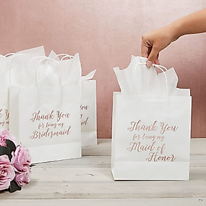 Juvale 11 Bridesmaid and 1 Maid of Honor Thank You Paper Gift Bag, Rose Gold Foil Text, Includes 20 Sheets of Tissue Paper, Perfect for Bridal Party Favors, White, 9 x 8 x 4 Inches