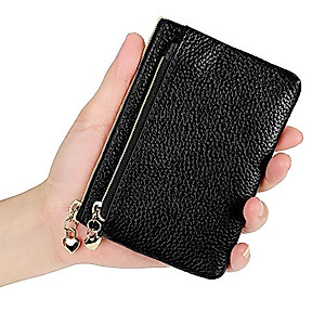 Women's Genuine Leather Coin Purse Zipper Pocket Size Pouch Change Wallet, Black