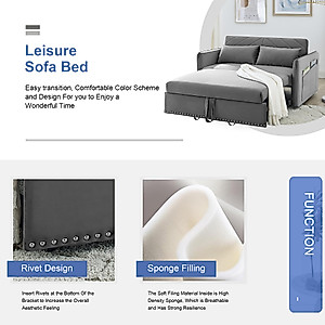 SumKea Loveseat Sleeper Sofa Beds, Pull Out Couch, 55'' Velvet 3 in 1 Sofa Cama Adjustable Back with 2 Pillows & Side Pocket, Ideal for Living Room and Bedroom, Grey
