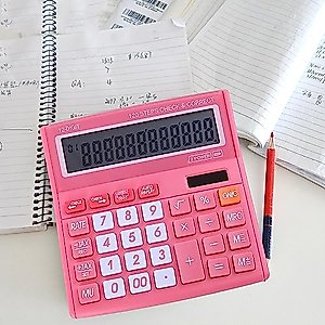 Office Desk Calculator 12 Digits with Solar Power and Easy to Read HD LCD Display, Big Buttons, for Financial Affairs,Home, Office, School, Class and Business,with Battery，Pink