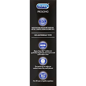 Durex Condom Prolong Natural Latex Condoms, 12 Count - Ultra Fine, ribbed and dotted with delay lubricant, Regular Fit