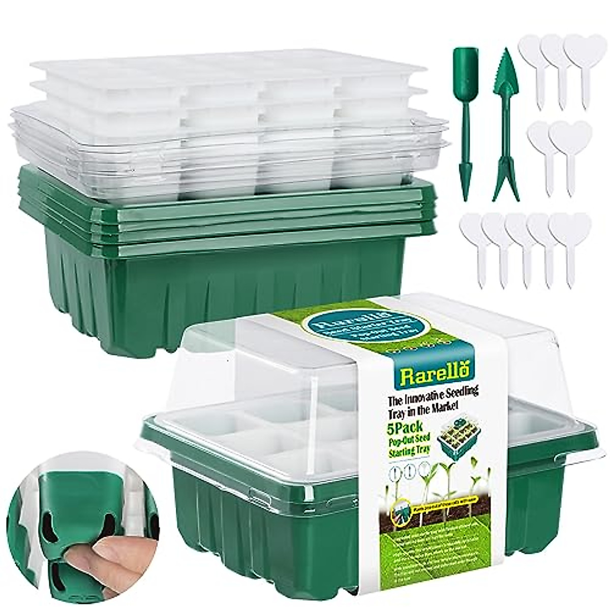 Rarello 5 Packs Seed Starter Tray Seed Starter Kit,60 Cells Reusable Seedling Starter Trays With Flexible Silicone Bottoms And Humidity Domes,Indoor Greenhouse Garden Propagation Set for Seed Starting