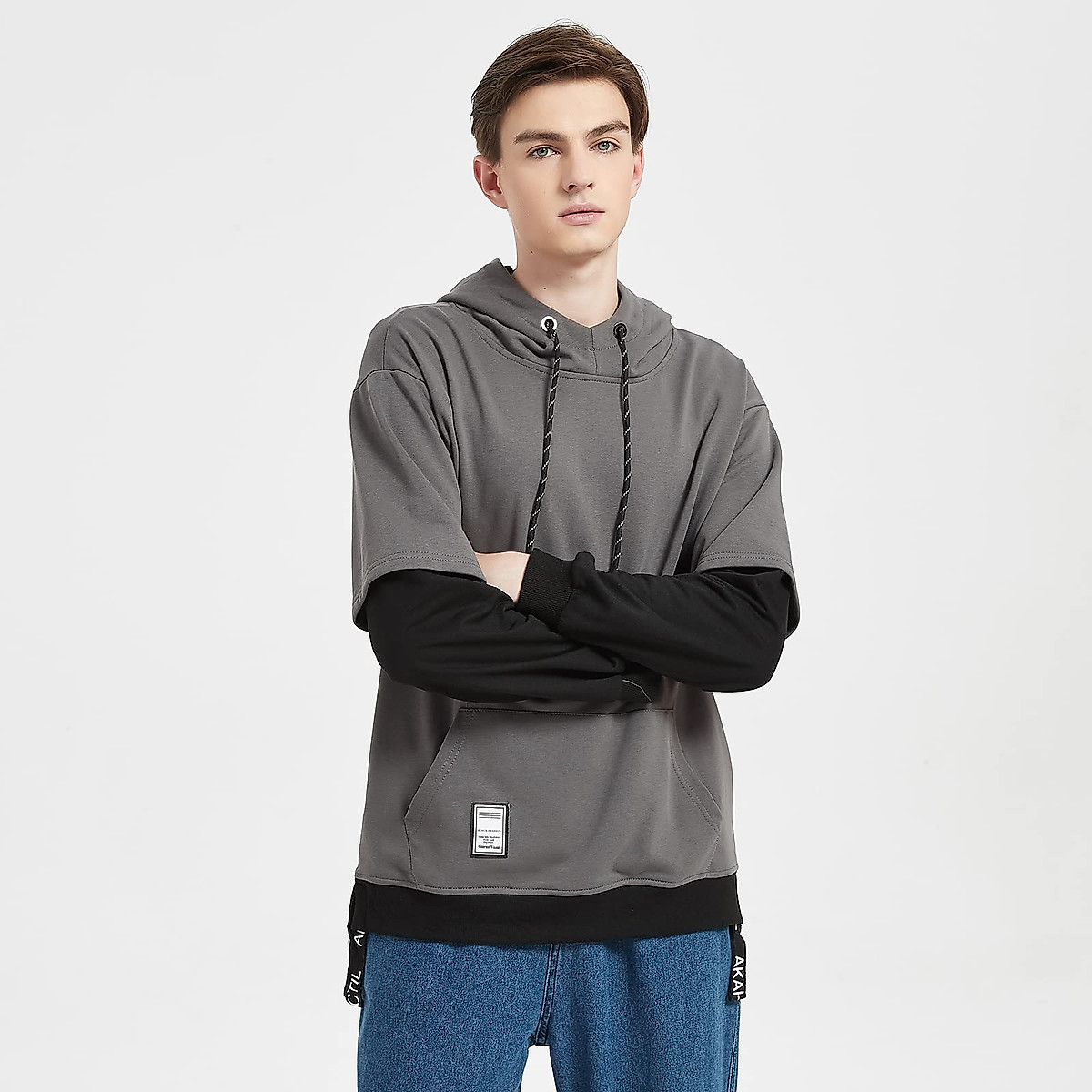 GURUNVANI Contrast Color Pullover Hoodie Mens Patchwork Hoodies Men