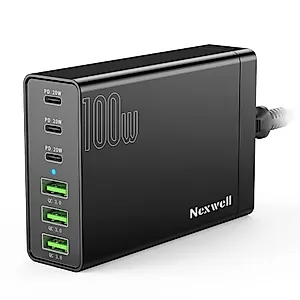 USB C Charger, Nexwell 100W GaN 6-Port Desktop USB Charging Station with 3 USB-C Ports +3 USB-A Ports, Portable PD Fast Charger for iPhone, iPad, Samsung Galaxy, 5ft Extension Cord