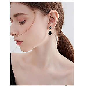 Gold Black CZ Teardrop Dangle Earrings for Women Small Sterling Silver Halo Round Pear Shaped Crystal Cubic Zirconia Birthstone Bridal Drop Earrings for Wedding Bride