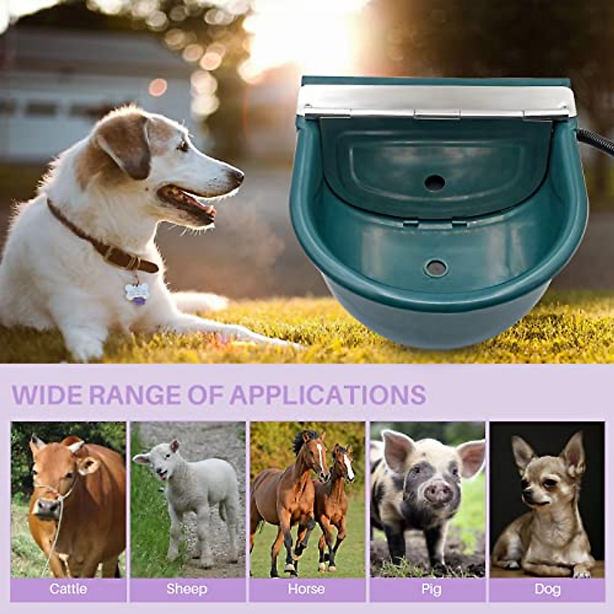 PAULOZYN Heated Livestock Water Bowl Kits Automatic Animals Dog Waterer Trough Outdoors Winter Animals Water Dispenser for Chicken Pet Cattle Horse Pig Cow Goat Sheep, with 2PCS Float Ball Valves