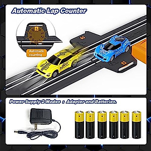 Slot Car Race Track Sets for Boys Kids,Battery or Electric Race Car Track with 4 High-Speed Slot Cars and 2 Hand Controllers,Dual Racing Game Lap Counter Circular Overpass Track Toys Age 6 7 8-12