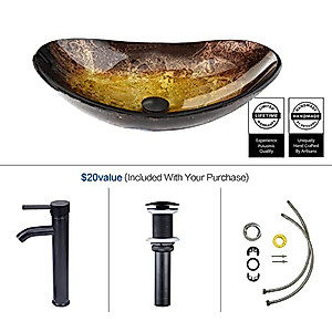 Bathroom Vessel Sink, Boat Shape Bathroom Artistic Glass Vessel Bowl Basin with Free Oil Rubbed Bronze Faucet and Pop-up Drain, Gold ingot