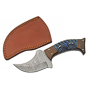 Damascus Steel Blue Pueblo Wood Handle 8 inch Hunting Knife