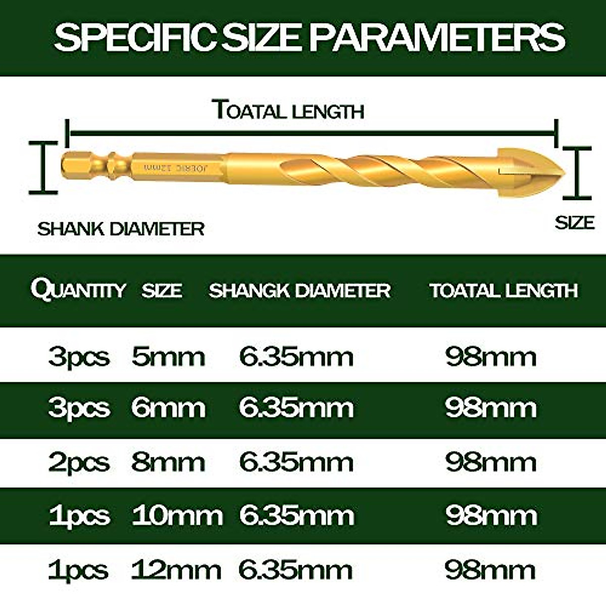 6PCS Golden Ceramic Tile Drill Bits, JOERIC Masonry Drill Bits Set for Glass, Brick, Tile, Concrete, Plastic and Wood Tungsten Carbide Tip for Wall Mirror and Ceramic Tile with Size (5mm ~12mm).
