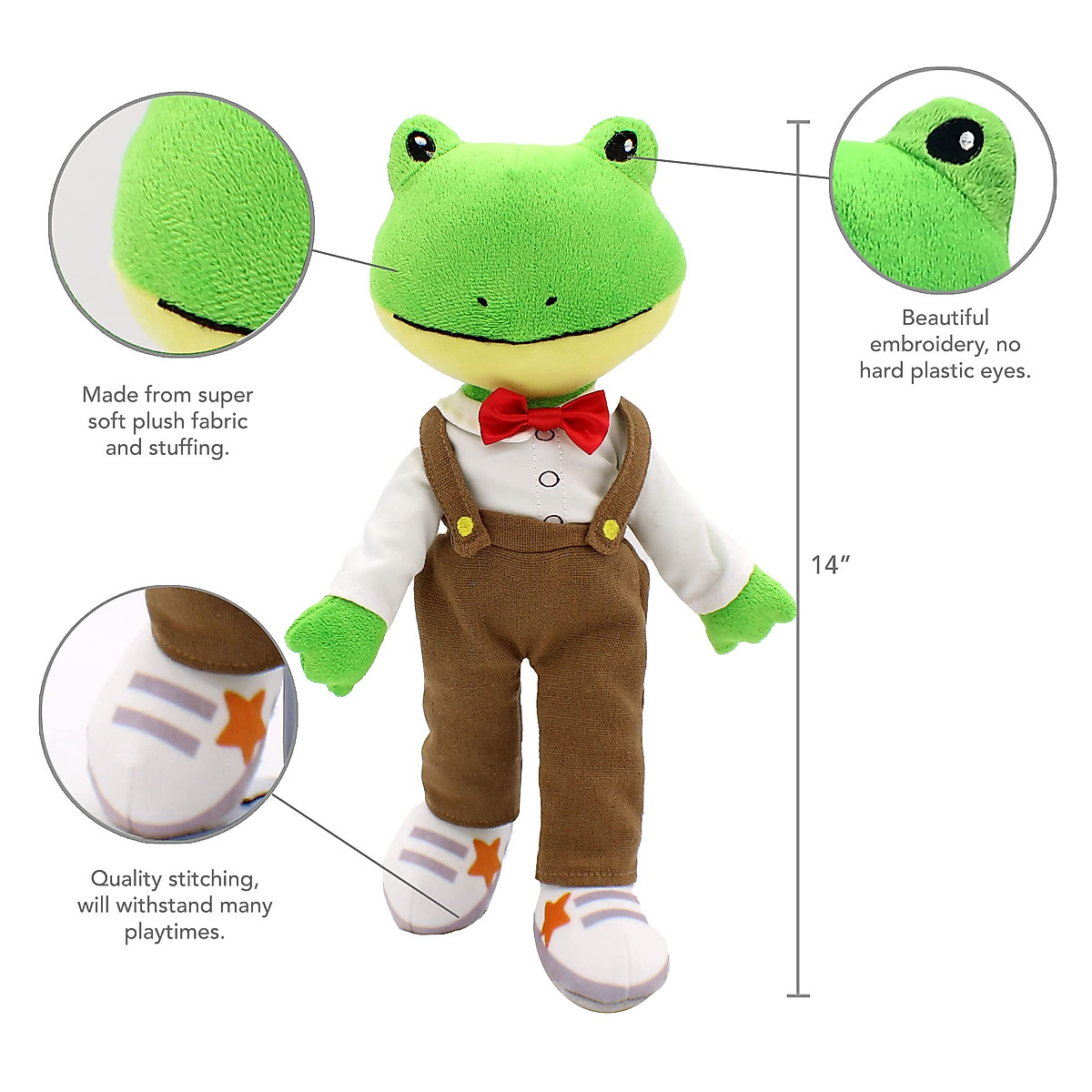 Playtime by Eimmie Plushible Plush Rag Doll - Soft Dolls for Baby, Boys, Girls, Toddler, & Infants - Washable Fabric - Sensory Toys - 14 Inch - Frog Plush - Stuffed Rag Dolls for Babies