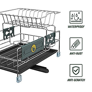slhsy Dish Drying Rack,2 Tier Dish Racks for Kitchen Counter, Rust-Proof Dish Drainer,Large Dish Drying Rack with Drainboard,Utensil Holder,Knife Block and Drying Mat