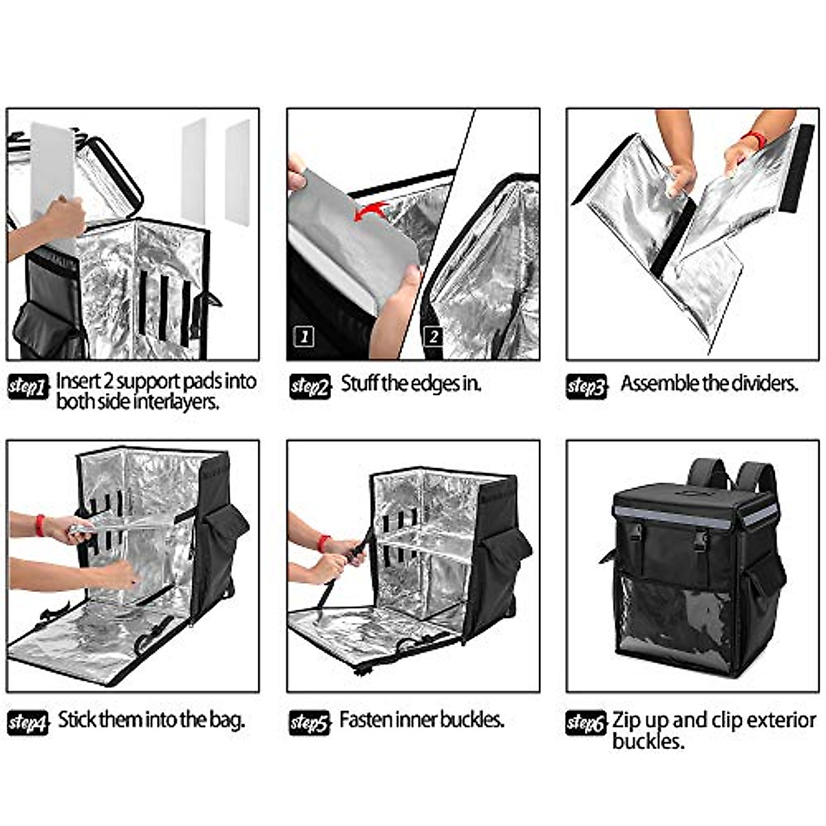 Trunab Insulated Food Delivery Backpack with 2 Side Support Boards and 3 Inner Spaces, Top & Front Loading Waterproof Delivery Bag for Bike Delivery, Uber Eats, Outdoor - Patented Design