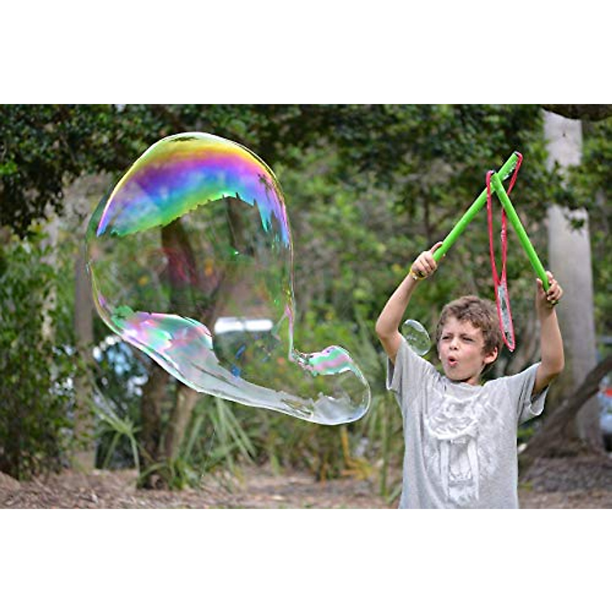 WOWMAZING Giant Bubble Wands Kit & bubble refills: Includes Wand, 5 Big Bubble Concentrate pouches and Tips & Trick Booklet | Outdoor Toy for Kids, Boys, Girls | Bubbles Made in The USA