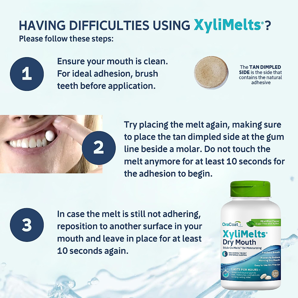 OraCoat XyliMelts Dry Mouth Relief Moisturizing Stick-On-Melts with Xylitol, 100 Count, Mild Mint, Help Stimulates Saliva for Dry Mouth, Non-Acidic, Day & Night Use, Time Release for Up to 8-Hour