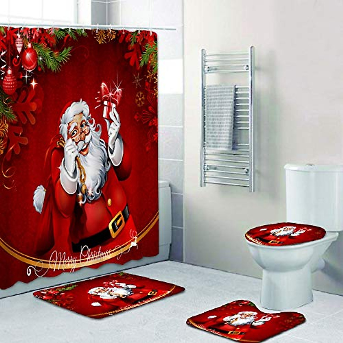 4pcs Merry Christmas Shower Curtain Sets,Waterproof Bath Curtain with 12 Hooks,Base Mat,Toilet Mat,Floor Mat,Holiday Bathroom Decoration Set (A16)