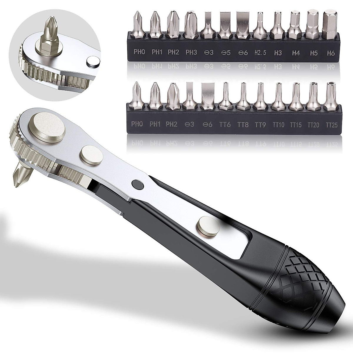 GreaTalent 25in1 S2 Steel Mini Ratchet Wrench Screwdriver Bit Set with 1/4" Hex Drive Phillips/Slotted/Hexagon/Torx Bits, 36-Tooth Gear, Magnetic Bit Holder, 90 Degree Offset Reversible