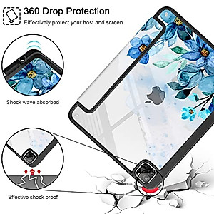 Lepeoac Designed for iPad Pro 12.9 Inch (2022/2021/2020/2018, 6th/5th/4th/3st Generation) with Transparent Shockproof Back Cover [Built-in Pencil Holder] Auto Sleep/Wake, Blue Flower