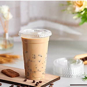 Lilymicky [90 Sets] 20oz Clear Plastic Cups With Flat Lids, Disposable Drinking Cups, 20 oz Plastic Cups for Ice Coffee, Smoothie, Slurpee, or Any Cold Drinks