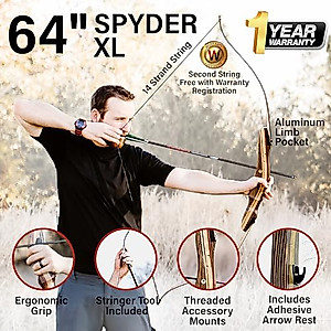 Spyder Takedown Recurve Bow - Hunting & Target Bow - Fast, Accurate, Versatile - Handcrafted Riser - Fiber Glass Maple Limbs - XL 64" Right Hand, 40lb with Stringer Tool