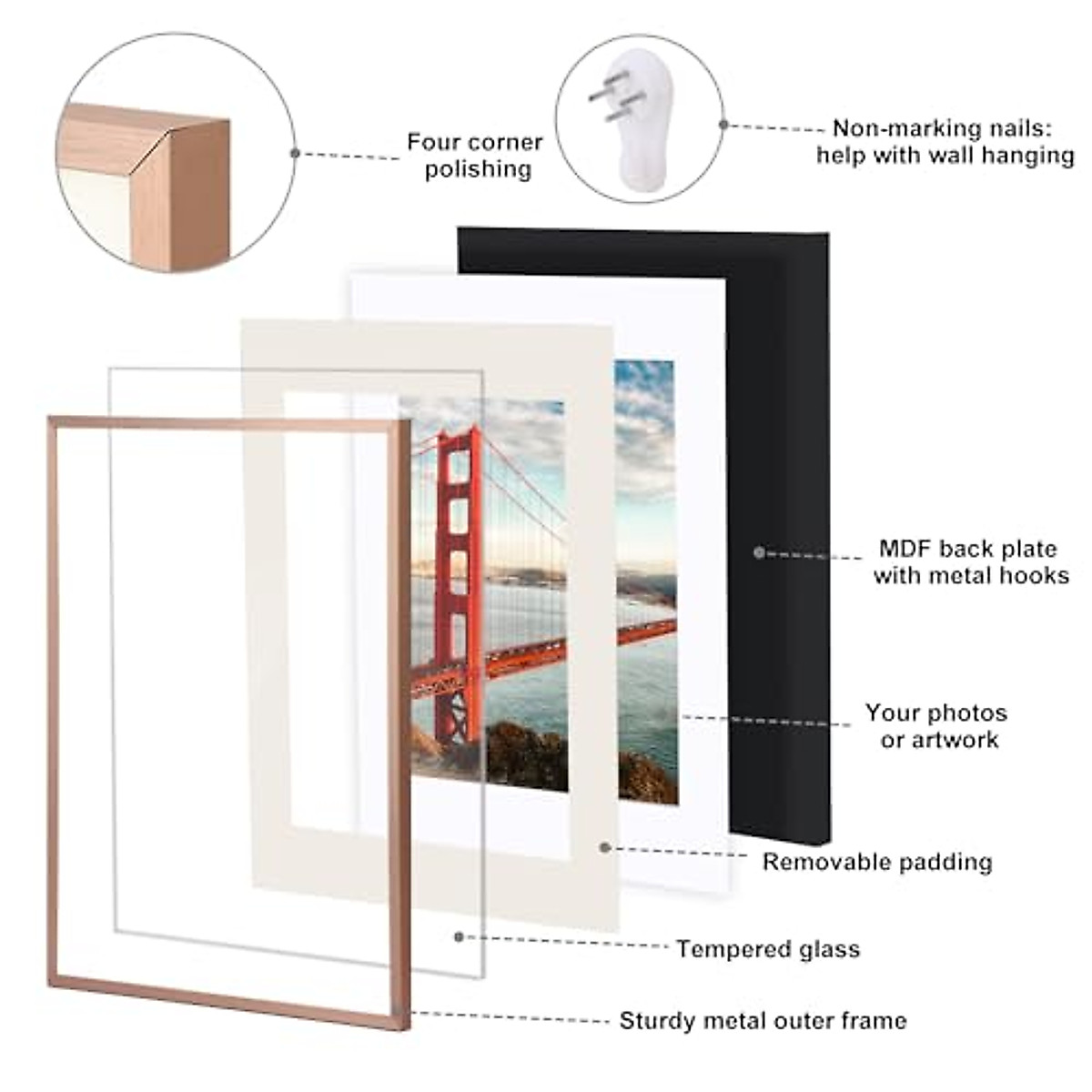 Fixwal 11 x 14 Aluminum Picture Frame, Metal Rose Gold Frame Tempered Glass with Mat for Wall Display, Wedding Table Numbers (Rose Gold, 1-Pack)