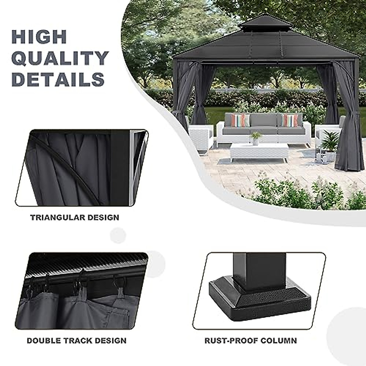 ABCPATIO 12x12 Hardtop Gazebo - Outdoor Polycarbonate Double Roof Gazebo Canopy, Metal Frame Permanent Pavilion with Curtains and Netting for Patio, Garden, Patio, Lawns (Dark Gray)