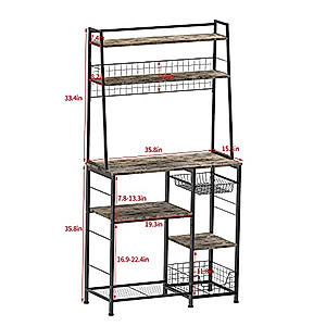 Kitchen Baker’s Rack with Storage Coffee Bar Station, 68inch Microwave Oven Stand with Pull-out Wire Basket 12 Hooks,5 Tier Storage Shelf with Mesh Panels for Utensils, Pots, Pans, Spices