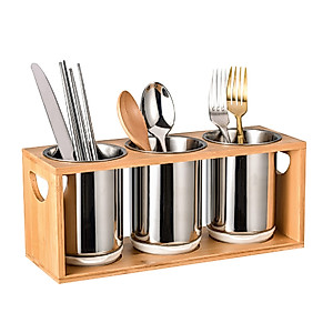 IMEEA Flatware Caddy Stainless Steel Silverware Caddy Kitchen Utensil Holder for Countertop Flatware Organizer Holder with Bamboo Base