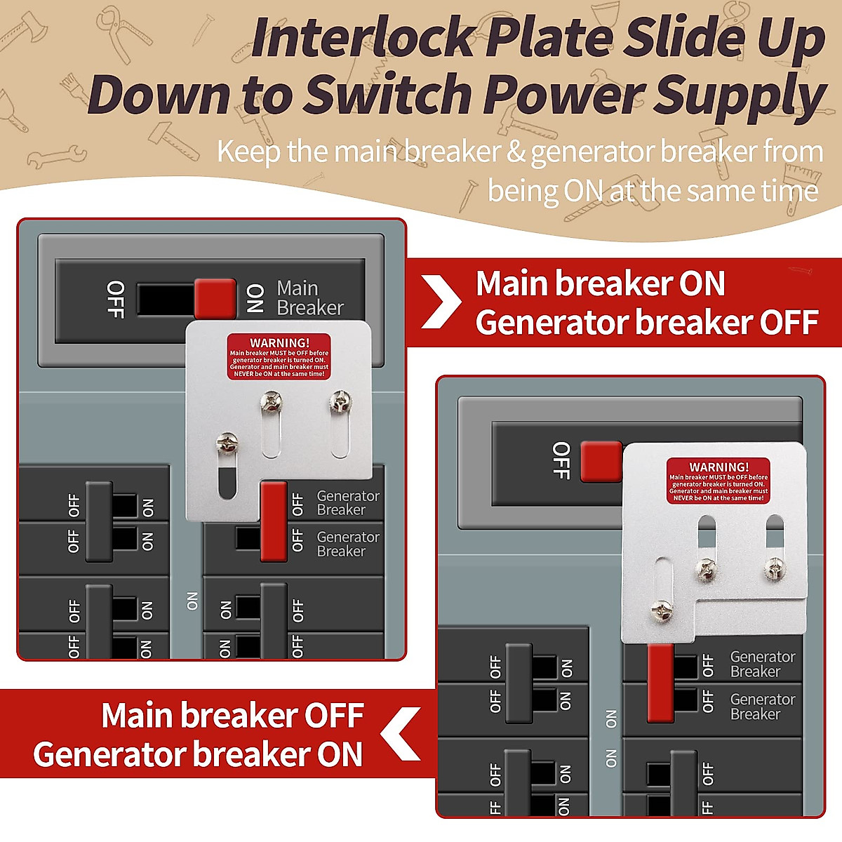 Generator Interlock Kit Compatible w/Square D QO & Homeline 150 or 200A Breaker Box, 1-3/8” Space on Main & Generator Circuit Panel, Safety Manual Lockout Transfer-Switch for Outdoor Portable Power