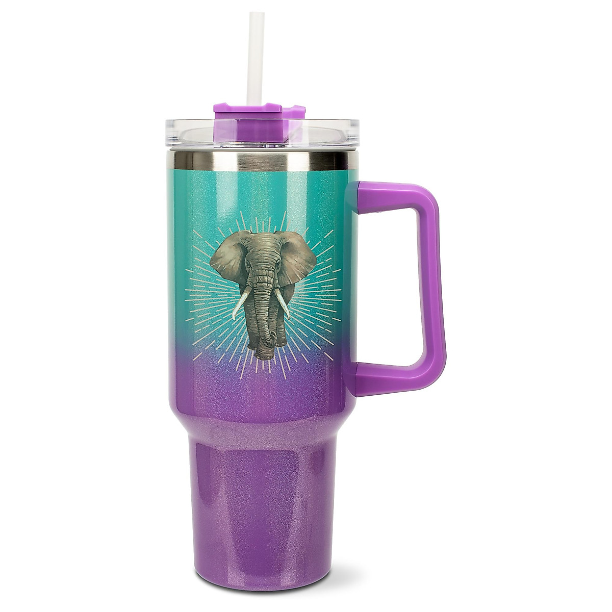 Elanze Designs Strong African Elephant Animal Sunbeam 40 oz. Stainless Steel, Large Water Bottle Coffee Mug, Spill & Leak Resistant, Thermal Travel Tumbler with Handle, Lid & Straw, Teal & Purple