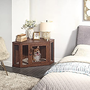 unipaws Furniture Corner Dog Crate with Cushion, Dog Kennel with Wood and Mesh, Dog House, Pet Crate Indoor Use, Walnut, Medium