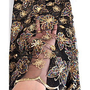 SanVera17 African Fabric Sequins Rope Embroidered Net Fabrics Butterfly Battern Base Fabric Color (Black) for Party Dress 5 Yards