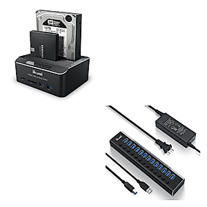 ikuai SATA to USB 3.0 Multi-function Dual Bay Hard Drive Dock+ 13 Port USB 3.0 Aluminum Hub with 72W (12V/6A) Power Adapter