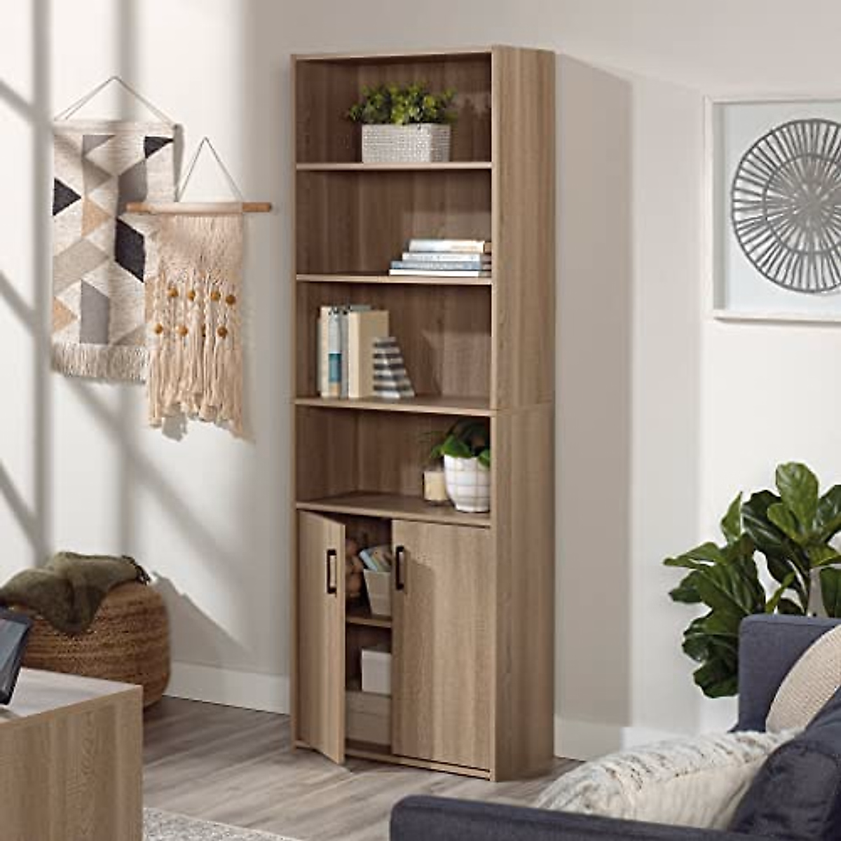 Sauder Beginnings Bookcase with Doors, L: 24.65" x W: 11.65" x H: 71.14", Summer Oak Finish