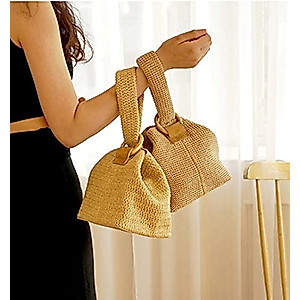 Women Top Handle Bag Straw Weave Circular Ring Bucket Bag