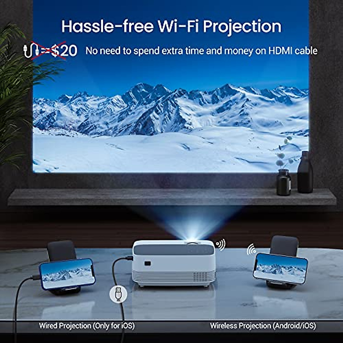 PVT Mini Projector 1080p HD, WiFi Projector, 6500L Movie Projector with Synchronize Cellular Phone Screen, Video Projector Compatible with TV Stick, PS45, HDMI, USB, AV, SD, Laptop (2021 Upgraded)