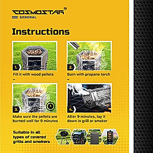 Cosmostar Hexagon Pellet Smoker Tube 12 inches Stainless Steel for Any Grill or Smoker, Hot or Cold Smoking,Premium BBQ Smoker Generator Tube-5 Hours of Billowing Smoke.