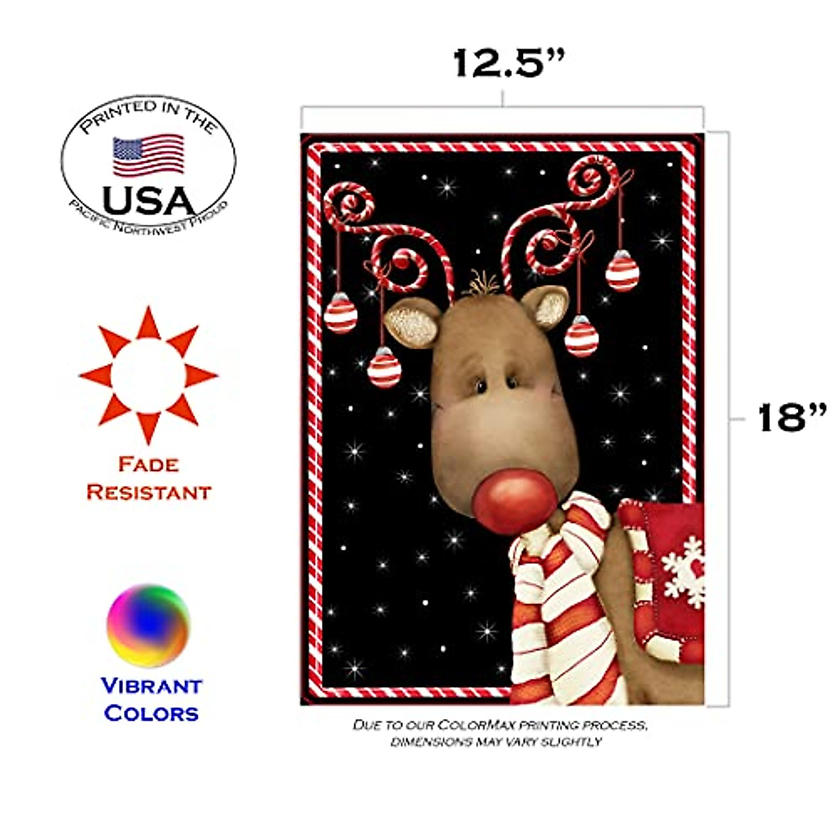 Toland Home Garden 111238 Candy Cane Reindeer Christmas Flag 12x18 Inch Double Sided Christmas Garden Flag for Outdoor House Winter Flag Yard Decoration