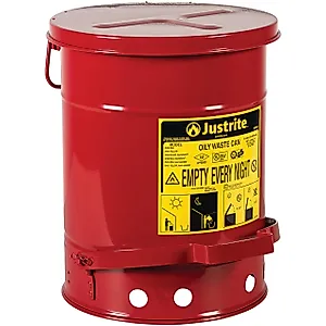 Justrite 6 Gallon Galvanized Steel Oily Waste Can, 16" x 12" Metal Oil Rag Safety Can with Quiet Foot-Operated Self-Closing Lid for Oil Rag Disposal, Made in The USA, Red, 09108
