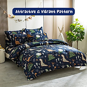 HollyHOME 7 Pieces Teens Comforter Set Dinosaur Pattern Bed in A Bag Bedding Set for Boys, Blue, Full/Queen