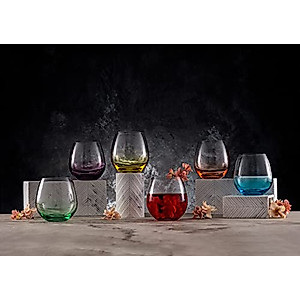 JoyJolt HUE Stemless Wine Glass Set. Large 15 oz Stemless Wine Glasses Set of 6. Short Wine Tumblers for White Wine Glasses, Red Wine Glasses, Water Glasses, No Stem Margarita Glasses, Colored Tumbler