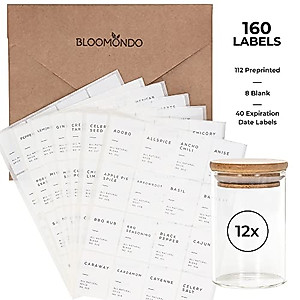 Bloomondo Empty Spice Jars with Label Pack (12x Bamboo Lid Glass Jar). Small 6oz Spice Storage Bottles with 112 Printed Spice Stickers and 48 Writable Pantry Labels for Seasoning Containers