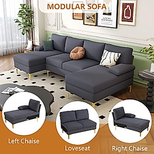 Lakifun Modular Sectional Sofa Couch for Living Room, U Shaped Convertible Lounge Sofa with Loveseat & Double Chaise, 4 Seater Comfy Fabric Couch Set for Home Office (Gray)
