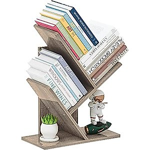 ZRWD Tree Bookshelf, 3-Tier Book Storage Organizer Shelves Floor Standing Bookcase, Wood Storage Rack for Office Home School Shelf Display for Cd/Magazine（French Oak Grey）