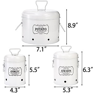 Suwimut Set of 3 Vegetable Storage Tins, Metal Potato Onion Garlic Storage Bin, Kitchen Canisters Vegetable Fresh Keeper Garlic Container Onion Keeper Potato Bin with Aerating Holes and Lid