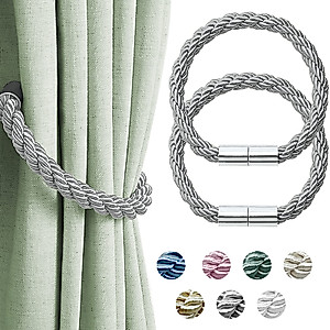 VIKIMORA 2 Pack Curtain Tiebacks for Draperys Gray, Strong Magnetic Curtain Tie Backs,Curtain Holders for Thick Drapes,Gray Cotton Rope Tie Backs for Heavy Duty Drapes,Gray